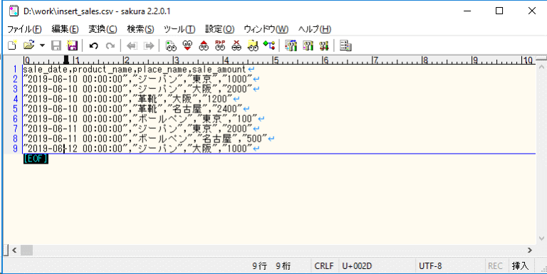 各db上でcsvファイルのデータをテーブルに追加してみた 